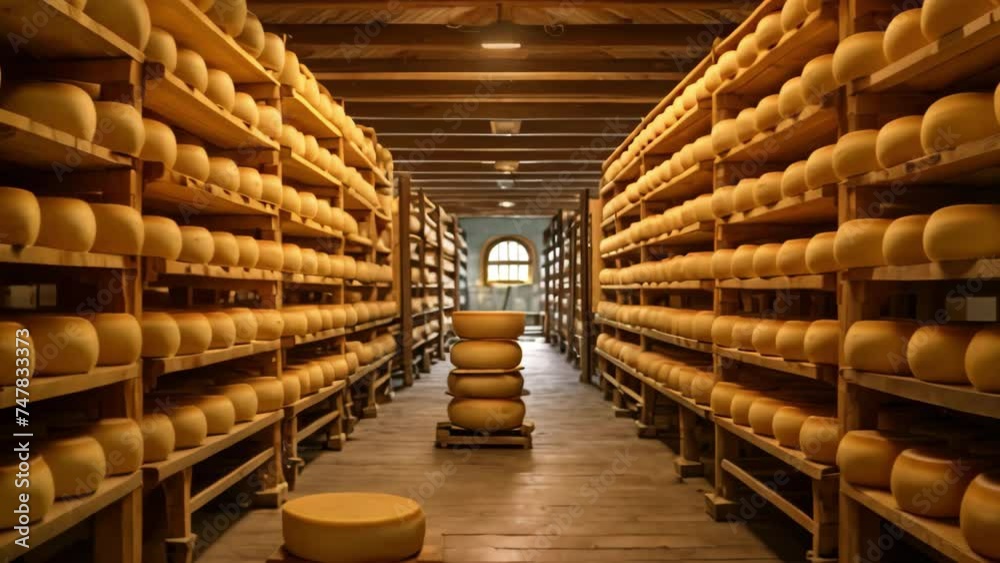 Cheese production in the cellar of a winery in France. A cheese aging ...