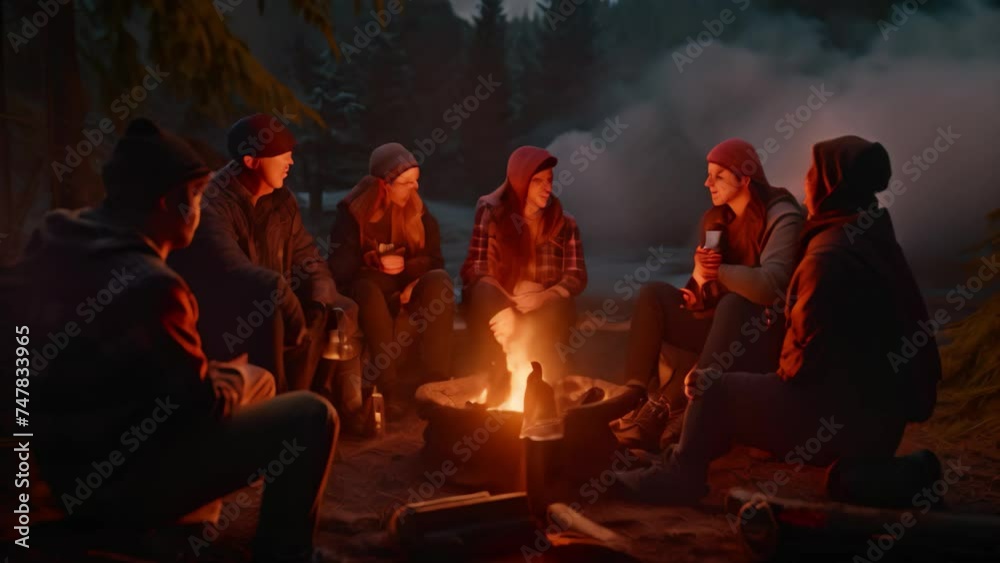 Group of friends sitting by the bonfire and drinking coffee in the ...