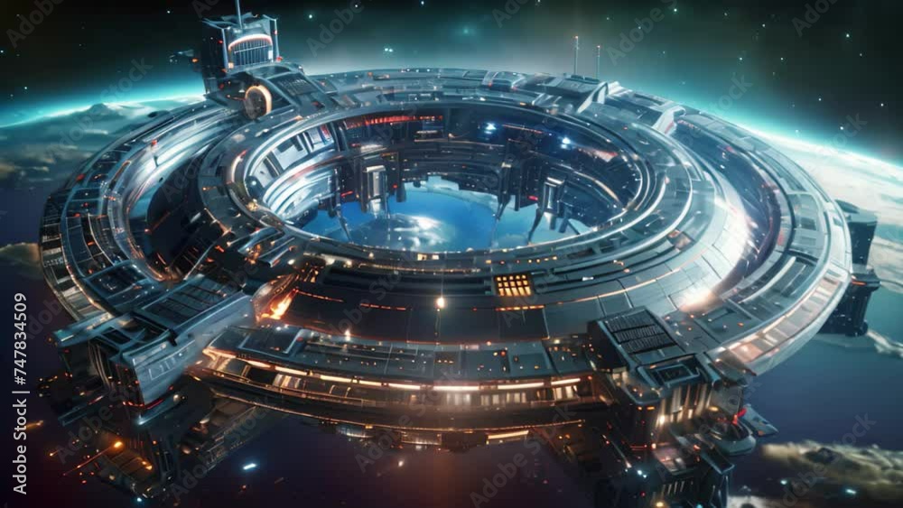 Space station on planet Earth. Futuristic space station. 3D rendering, A space station orbiting ...