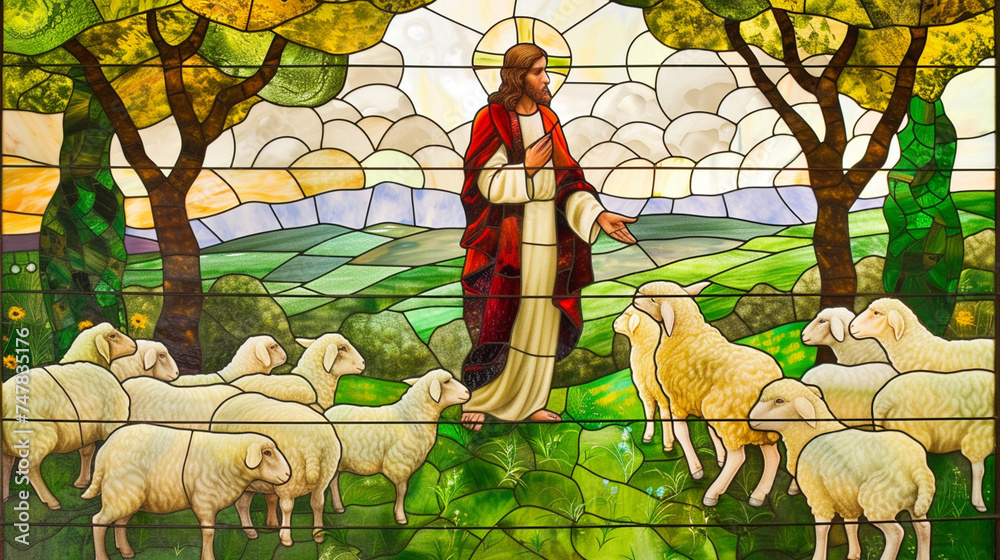 Craft a stained glass window showing Jesus as the Good Shepherd ...