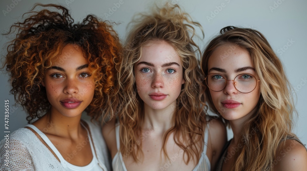 The image shows a diverse group of empowered women standing together ...