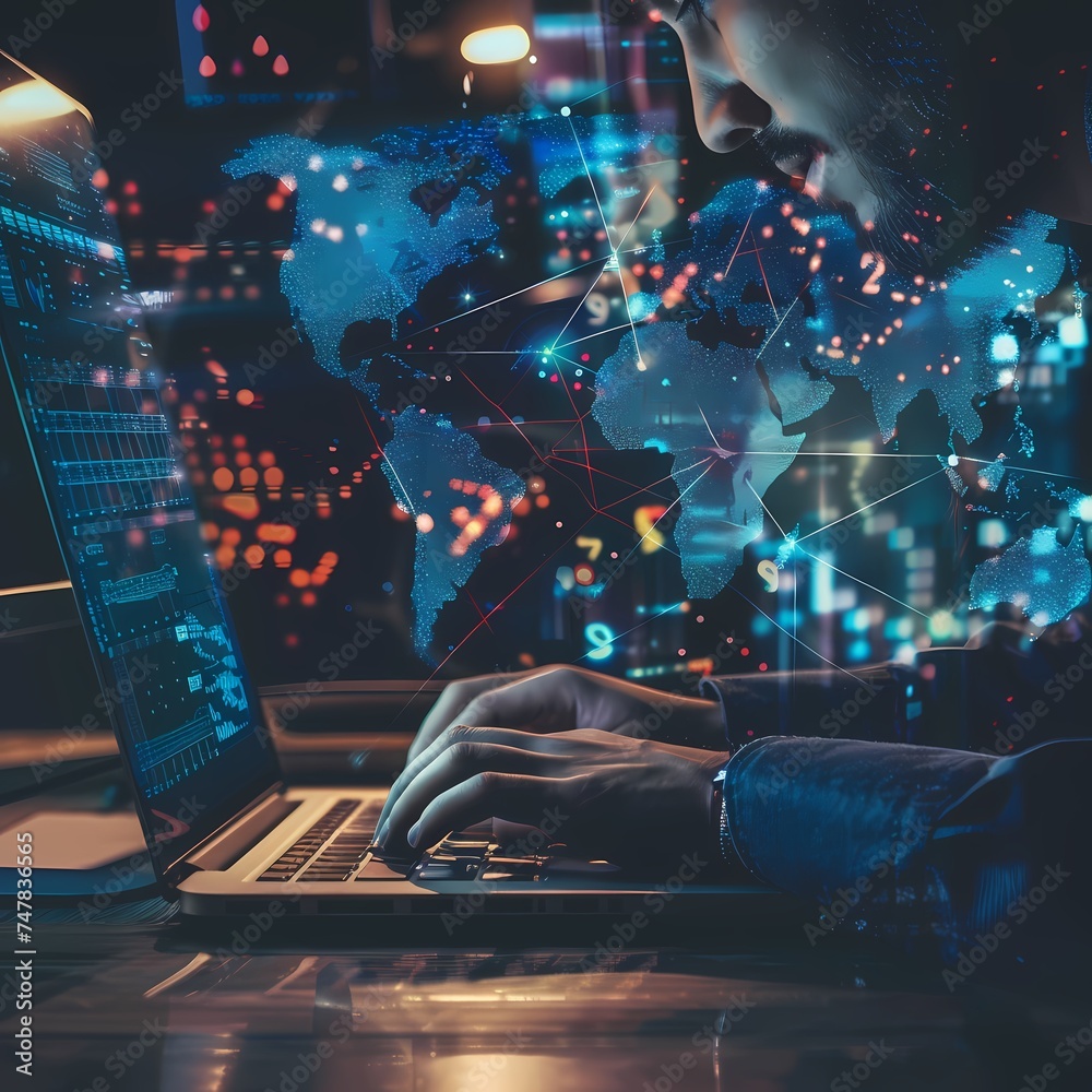 A cybersecurity analyst is immersed in a digital world map ...