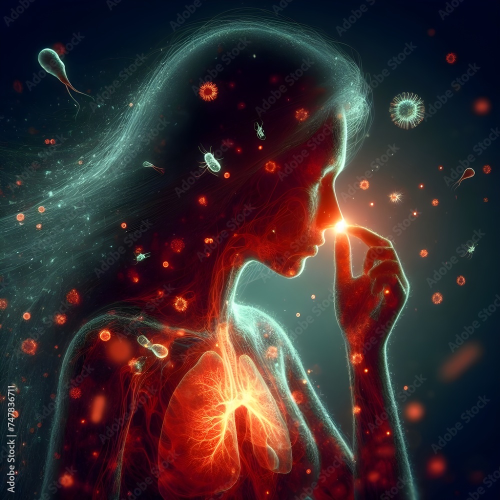 Human silhouette sneezing badly with nose and ejecta glowing red ...