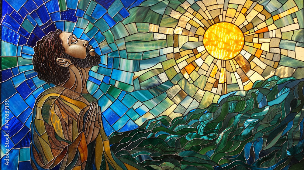 Create a stained glass representation of Jesus delivering the Sermon on ...