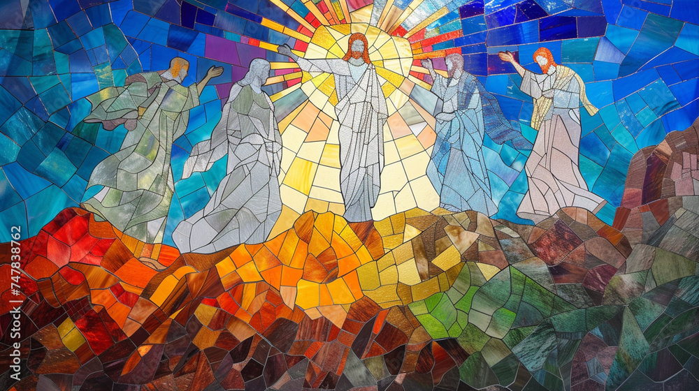 Fotografía Illustrate the Transfiguration of Jesus on the mountain with ...