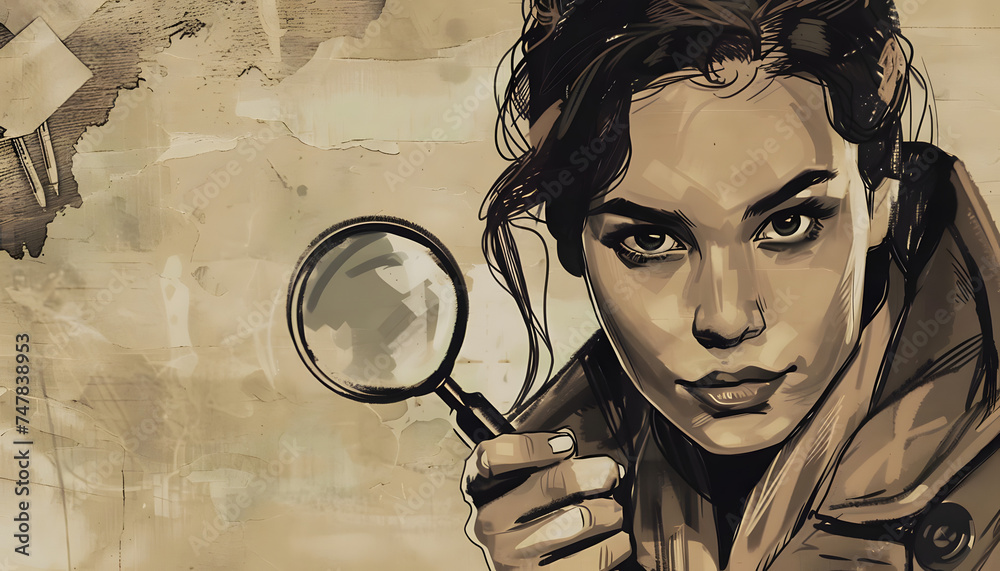 A sketch of a female detective examining clues at a crime scene with a ...