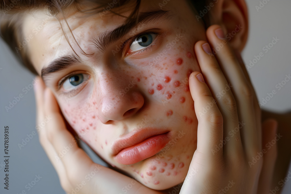 Foto de Teenage looks embarrassed and confused about the pimples that ...