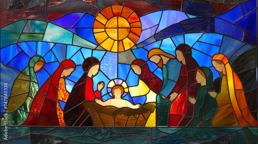 Design a stained glass window depicting the Nativity scene, with Jesus ...