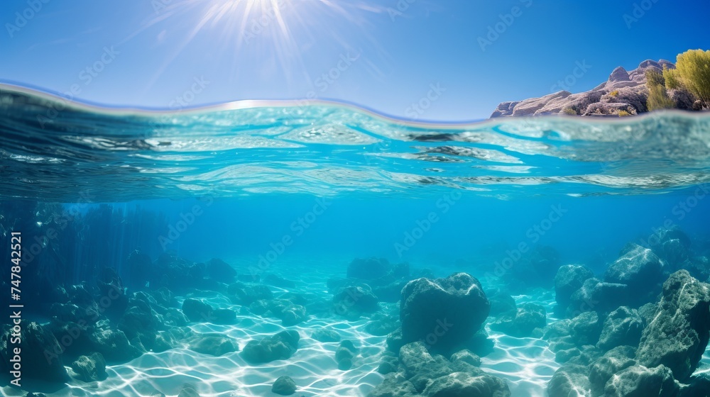 Tranquil Underwater Scene: Sunlit Sky and Calm Sea Split View, Canon RF ...