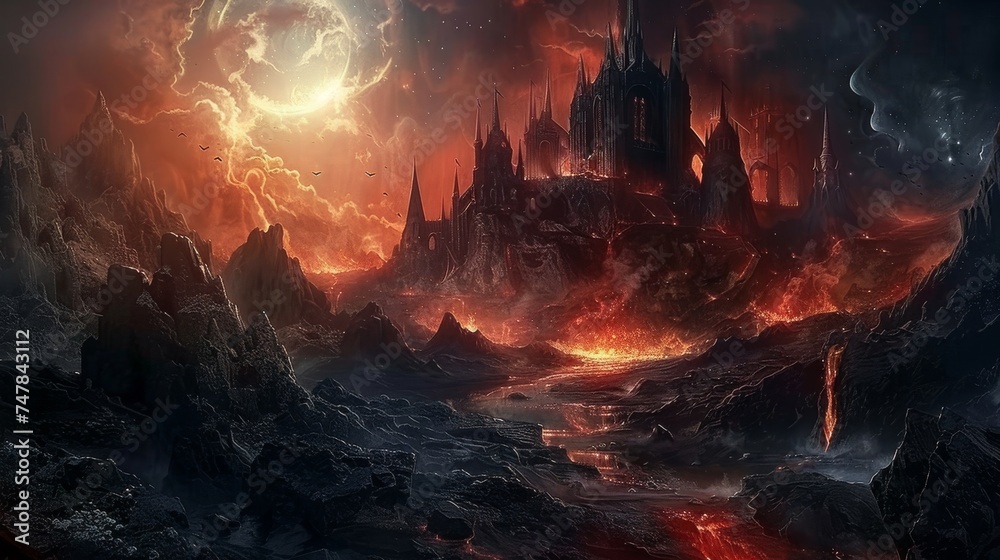 An imposing gothic castle stands surrounded by a molten lava landscape ...