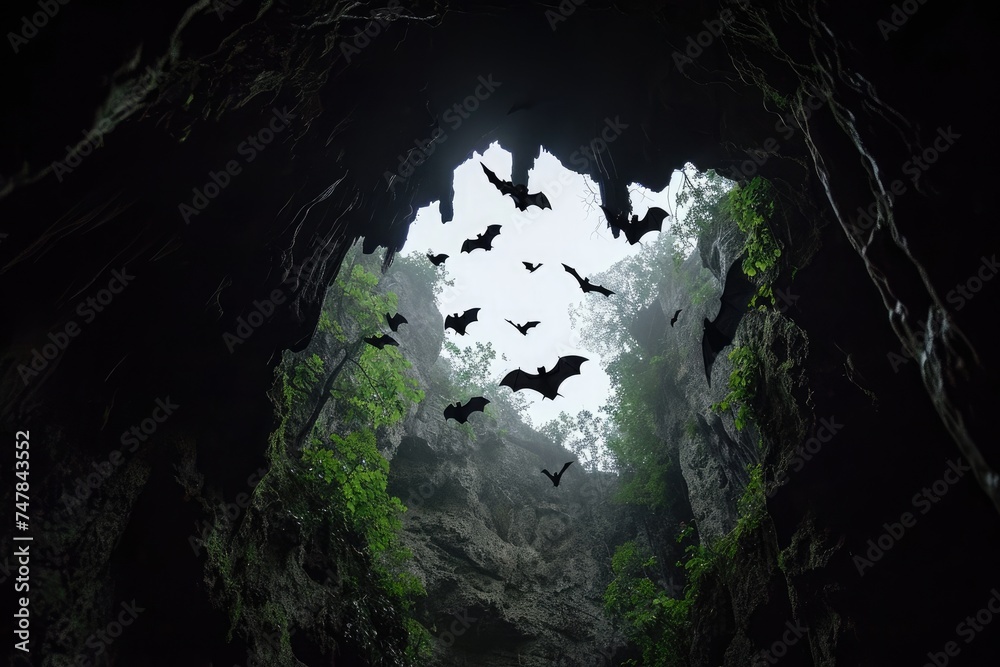 A large group of bats emerging from a dark cave in the evening, flying ...