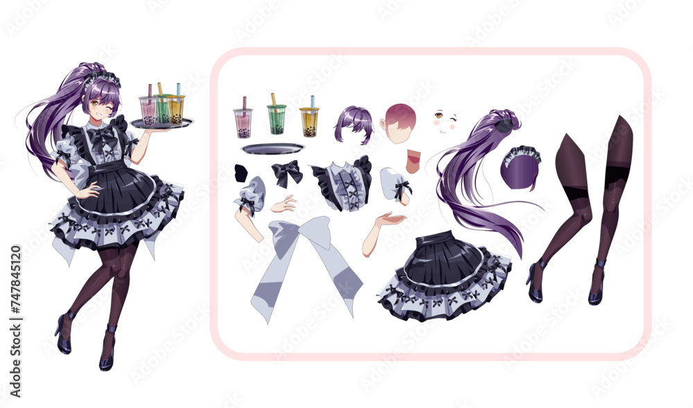 Maid cafe girl color vector character for animation. Pretty anime woman ...