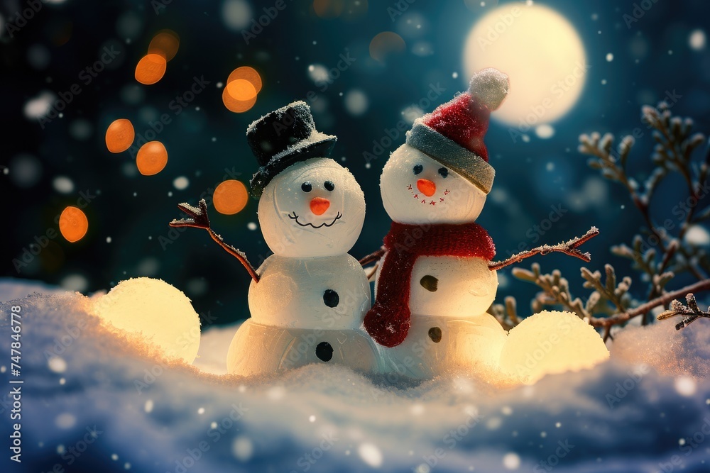 A photo of two snowmen standing side by side in a snowy landscape ...