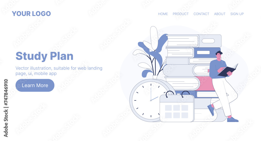 Study Plan. Web Landing Page Design. Flat Cartoon Vector Illustration ...