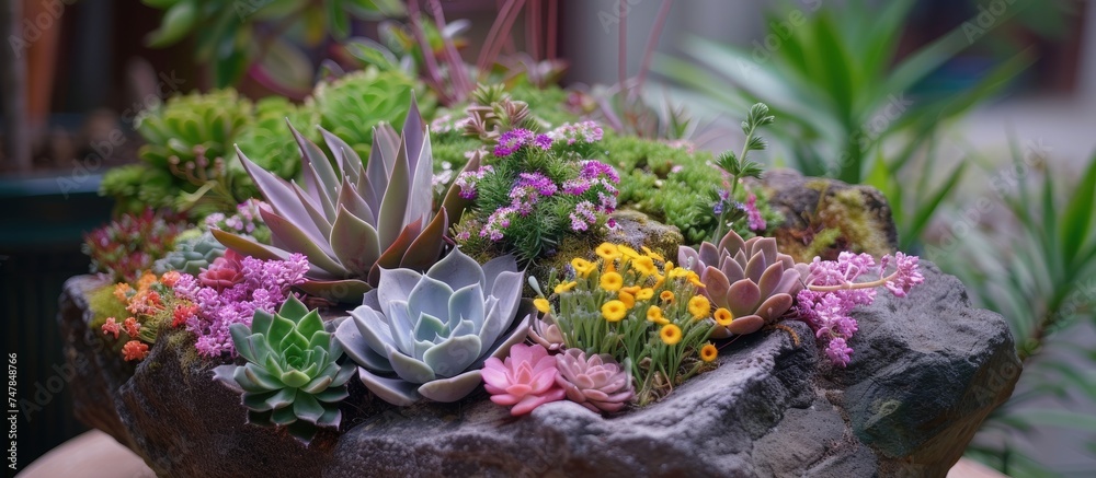 A close-up view of a rock covered with various types of plants ...