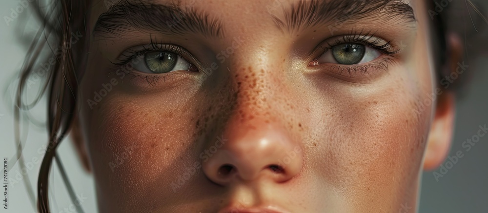 This close-up shot showcases a young woman with freckled hair against a ...