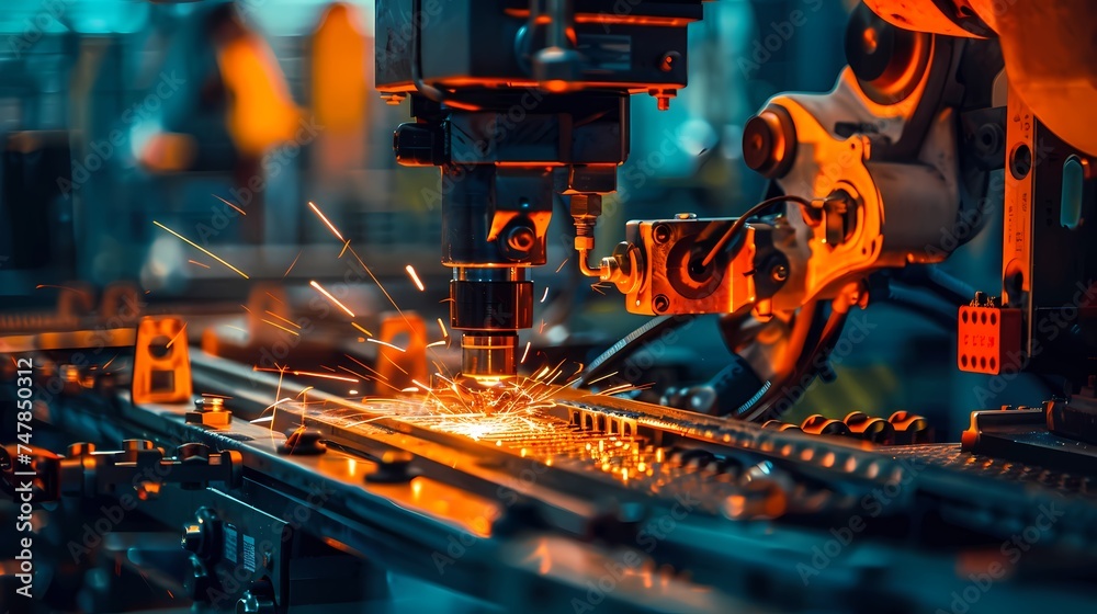 Sparks fly as a robotic arm precisely cuts through metal in an ...