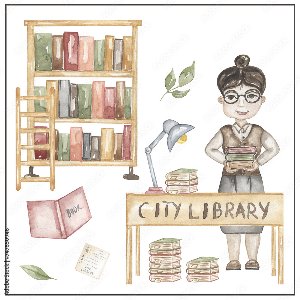 Watercolor librarian clipart, hand drawn illustration. Librarian ...