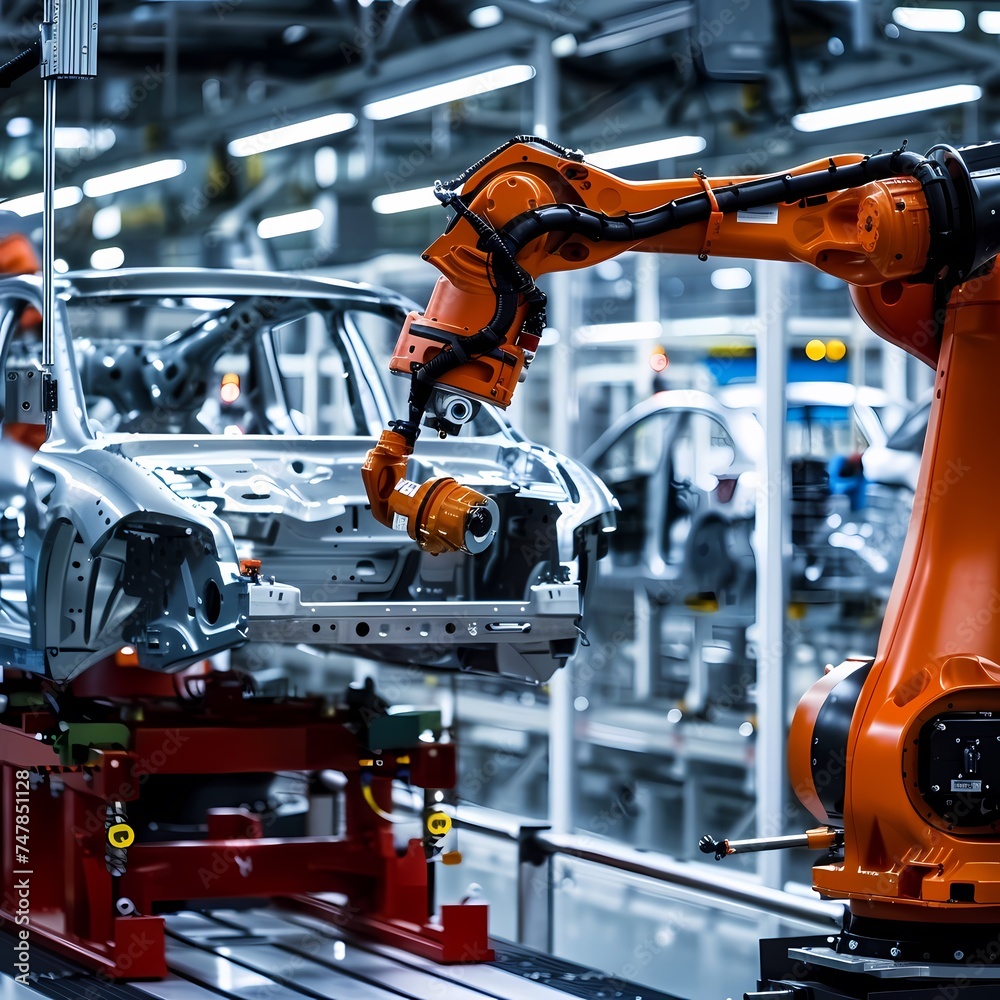 A close view of a robotic assembly unit in action, welding a car's ...