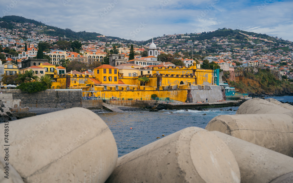 Yellow old castle Fortaleza de Sao Tiago in Funchal. Madeira Stock ...