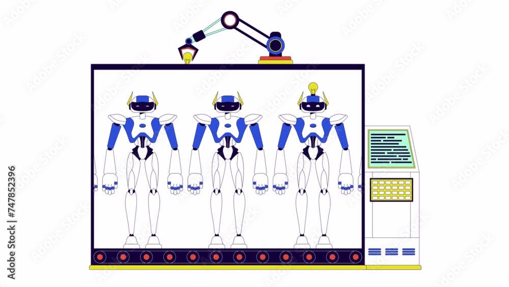 Cyborg manufacturing plant line 2D object animation. Robots on ...