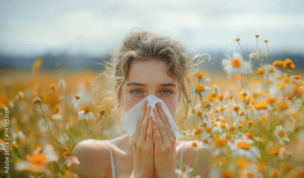 Young woman with a symptoms of a pollen allergy blowing her nose in a ...