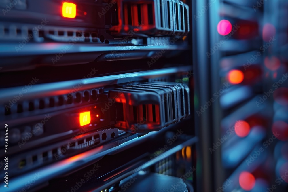 A row of computer servers brightly illuminated with red and yellow ...