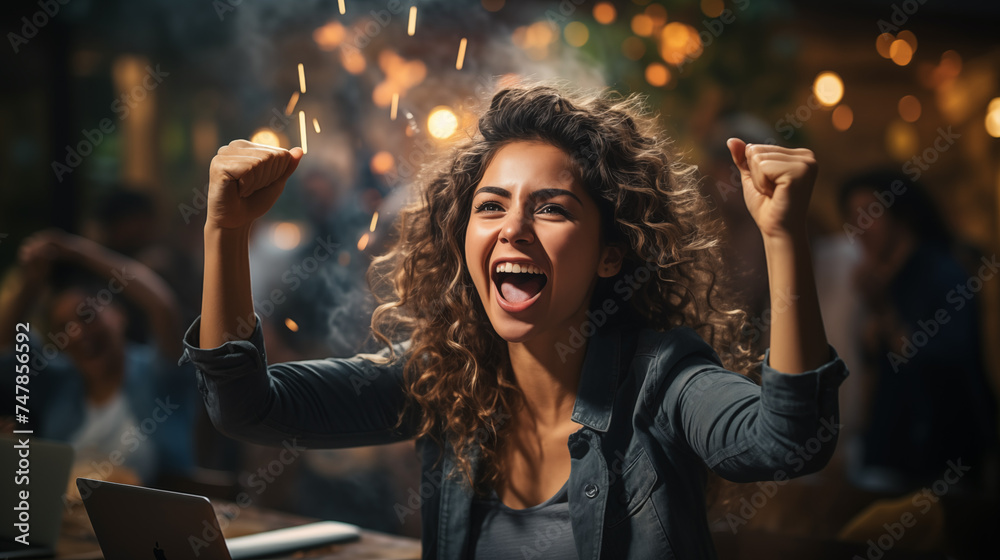 Exuberant young woman with fists raised in triumph, celebrating a ...