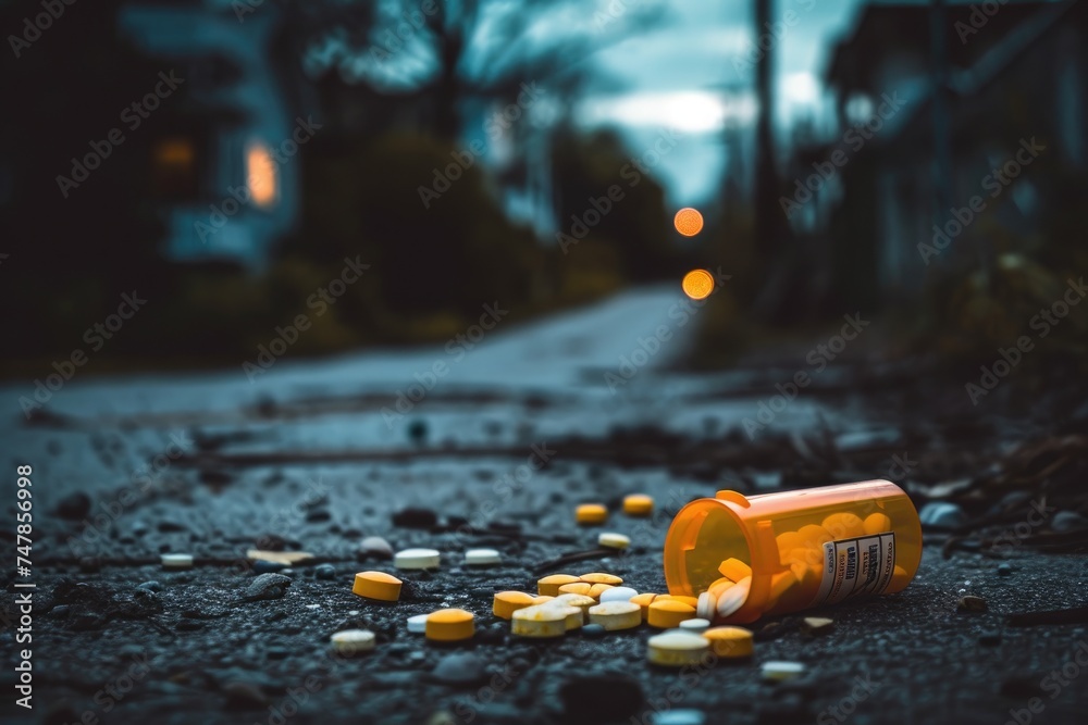 A photograph capturing a discarded bottle of pills left unattended on ...