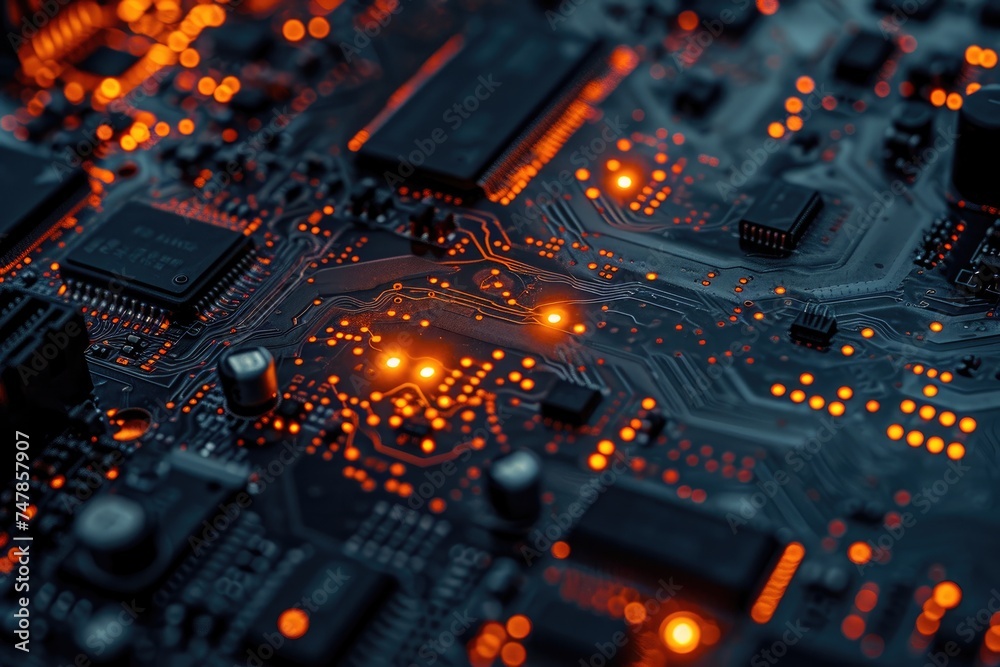This photo shows a detailed close-up of a computer circuit board ...