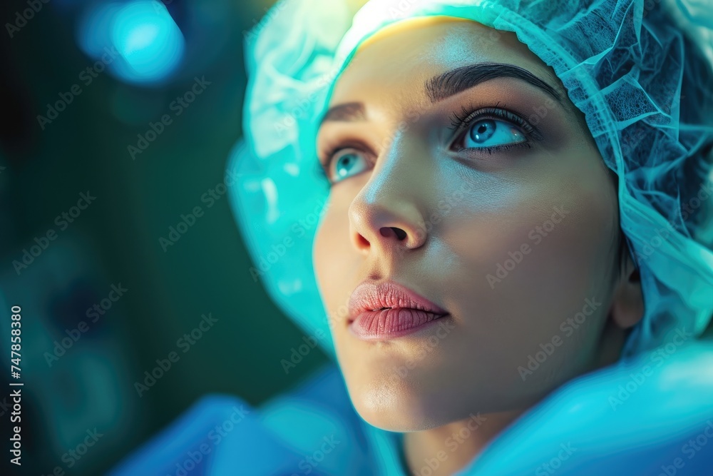 A professional woman dressed in a surgical cap and blue gown prepares ...