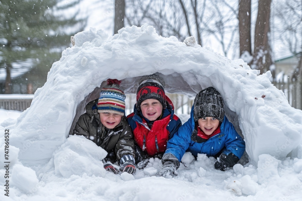 Three children are engaged in play as they build and explore a snow ...