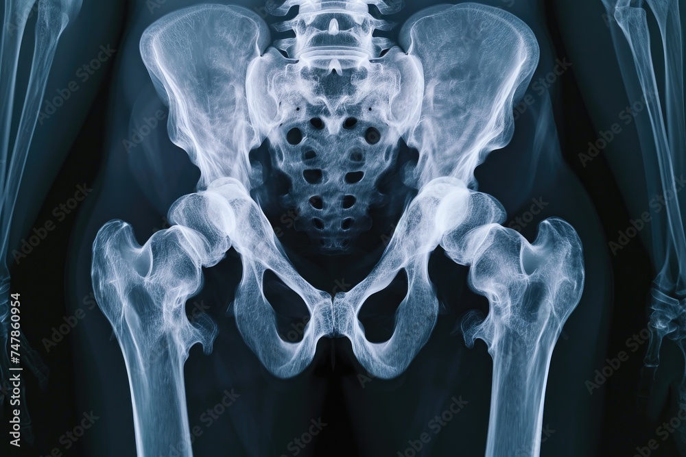 This x-ray image captures the intricate anatomy of a mans lower body ...