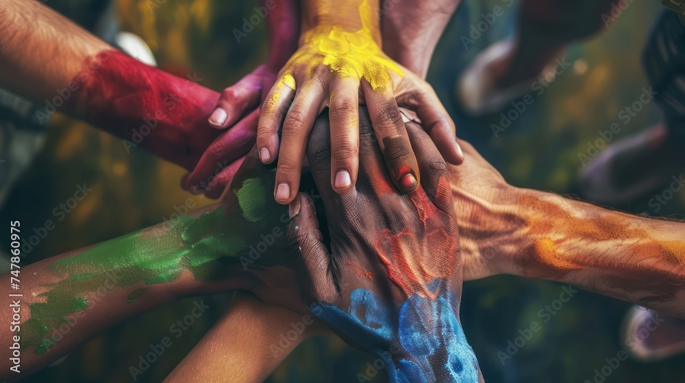Multicolored hands together in unity. Teamwork and collaboration ...