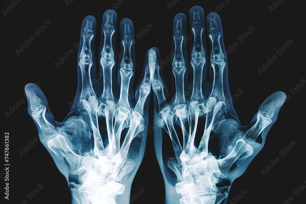 This close-up image features x-ray images of a pair of hands, revealing the internal structure ...