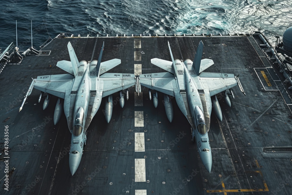 A powerful fighter jet is stationed on the deck of an aircraft carrier ...