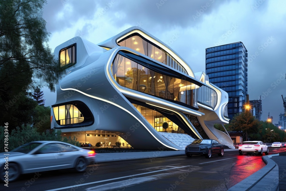Foto de A modern building featuring a curved roof stands prominently in ...