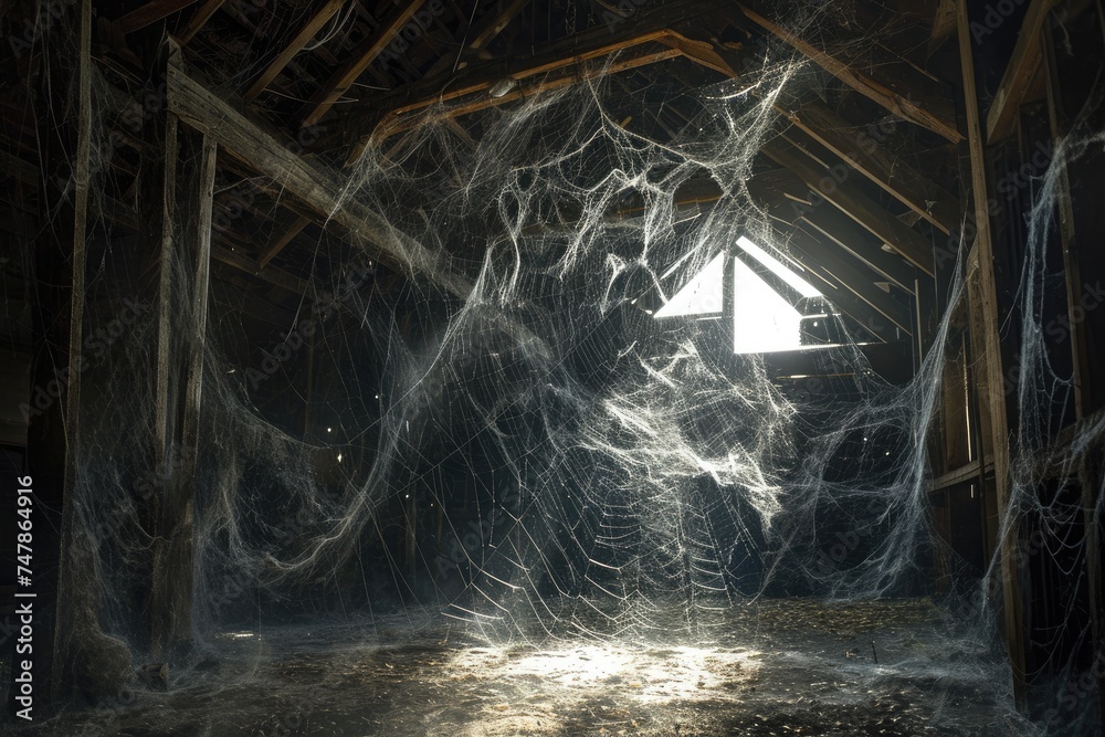 An empty room infested with spider webs covering the furniture and ...