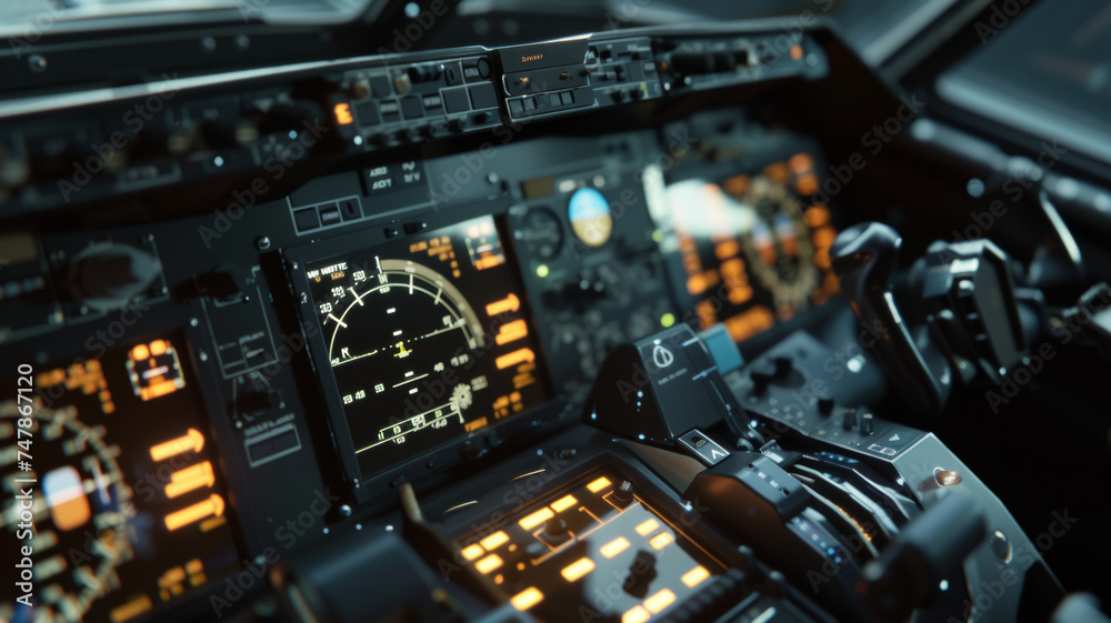 The complex cockpit of an aircraft aglow with buttons and dials. Stock ...