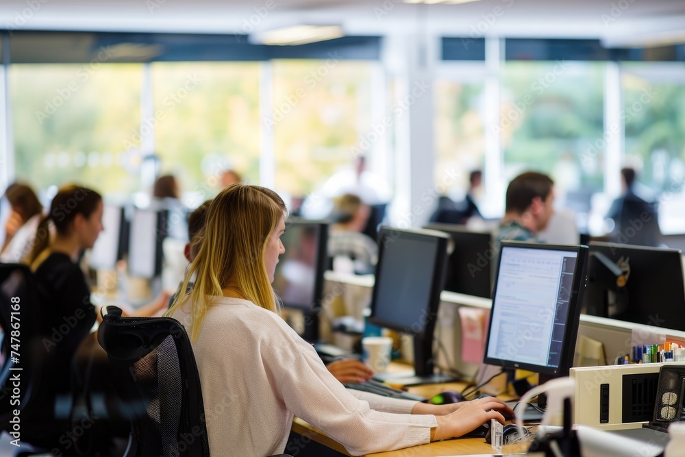 A focused woman is seen working diligently on her laptop computer in a ...