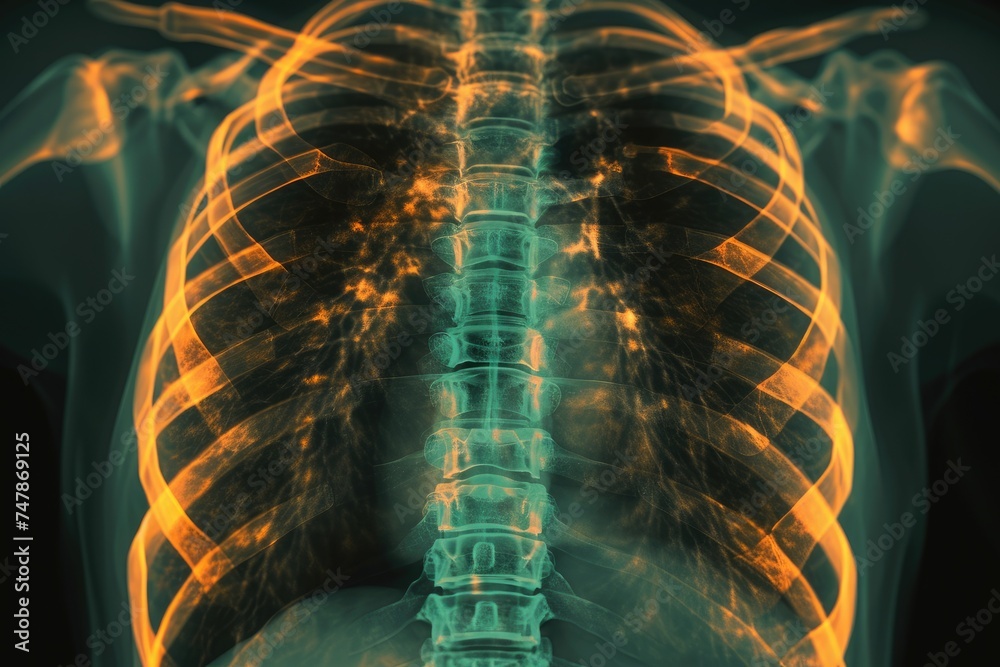 This x-ray image captures the detailed structure of a mans ribcage ...