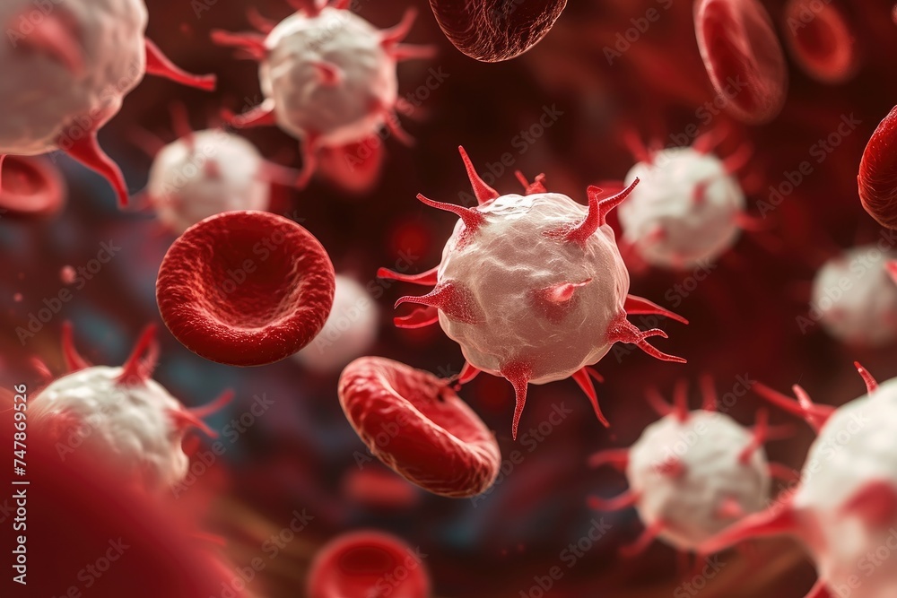 A close-up of a cluster of red and white blood cells flowing through a ...