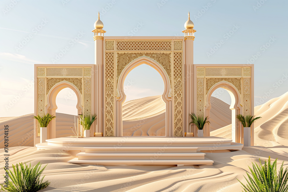 islamic display podium with mosque gate background in the sand dunes ...