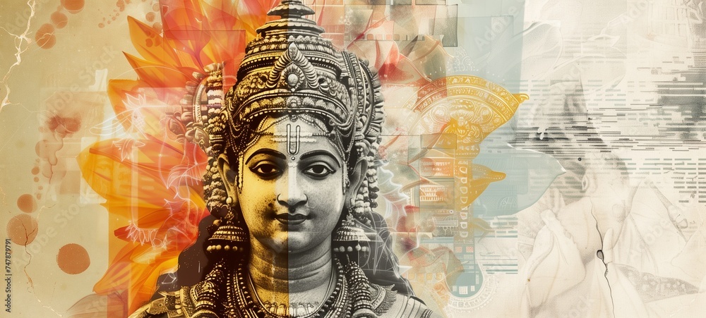 Spiritual collage banner. A detailed depiction of a Hindu deity with ...
