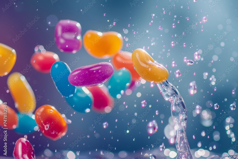 close-up view of a vibrant assortment of jelly beans dropping into a ...