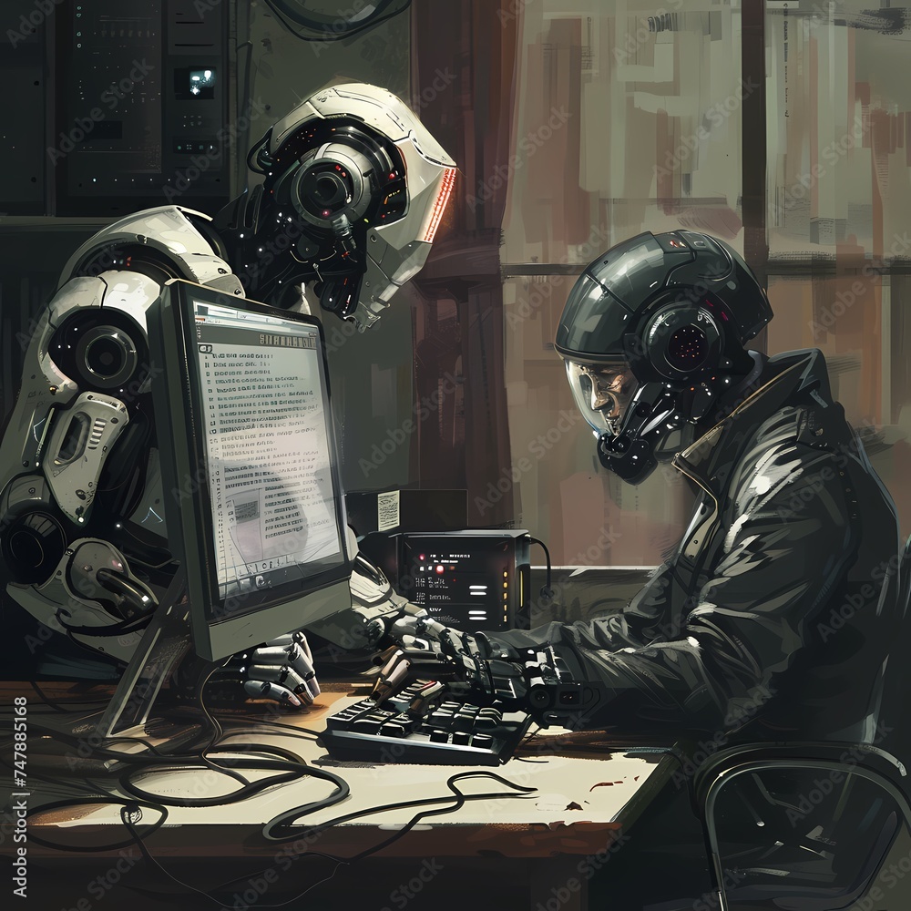 A humanoid robot and a human with cybernetic enhancements work side by ...