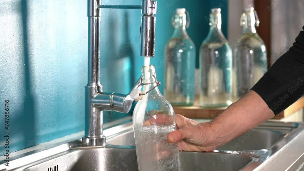 Filling a glass or glass bottle with water from the kitchen tap at home ...