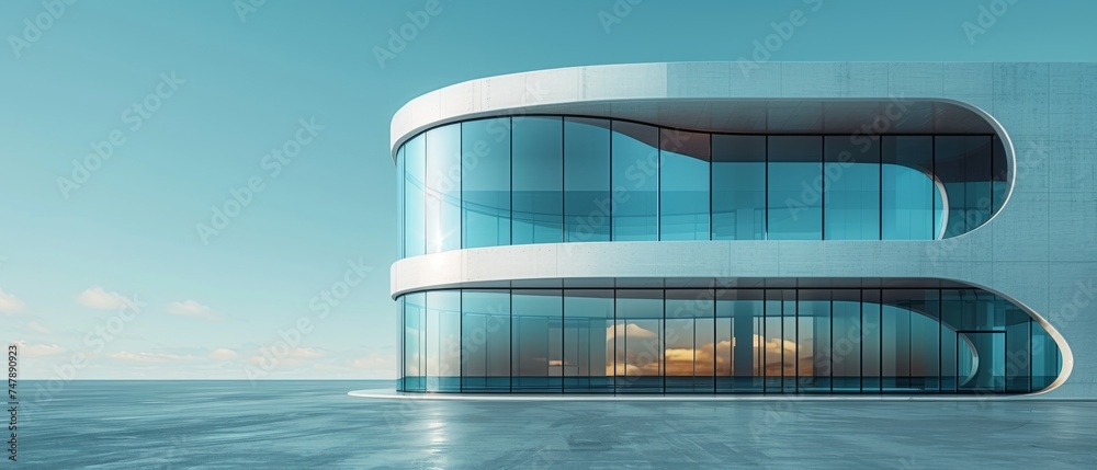 A 3D model of a high-rise curve glass building and dark steel windows ...