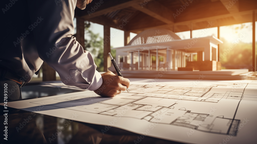 Engineer brainstorm for cost estimating on blueprint and floor plan ...