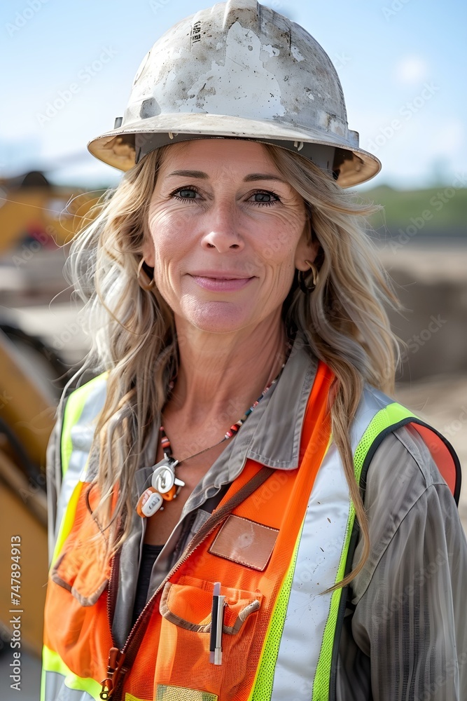Middle-aged Woman Smiling with Hard Hat and Work Vest on Construction Site. Concept Construction ...